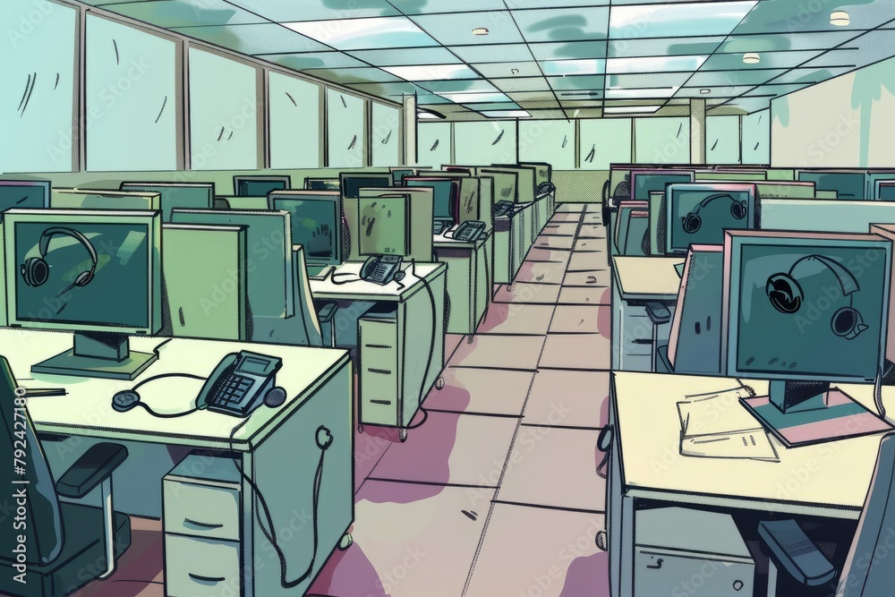 Cartoon cute doodles of an empty call center with cubicles, computers ...