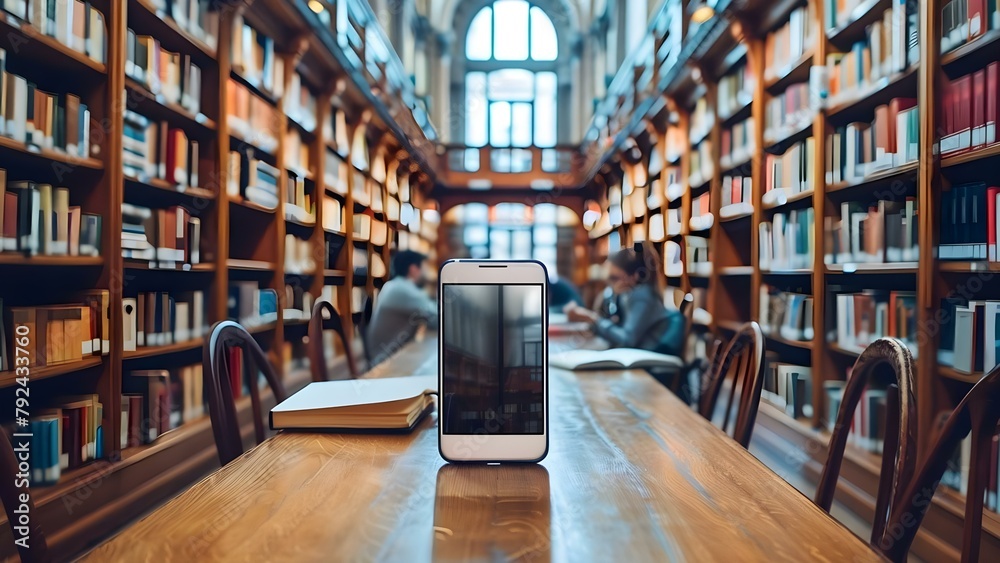 Students studying in library with blank smartphone screen for app ...