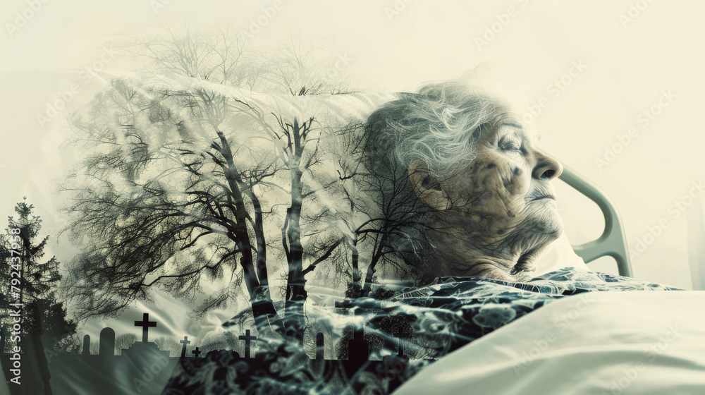 Terminally ill old grandmother patient on hospital bed , dying senior ...