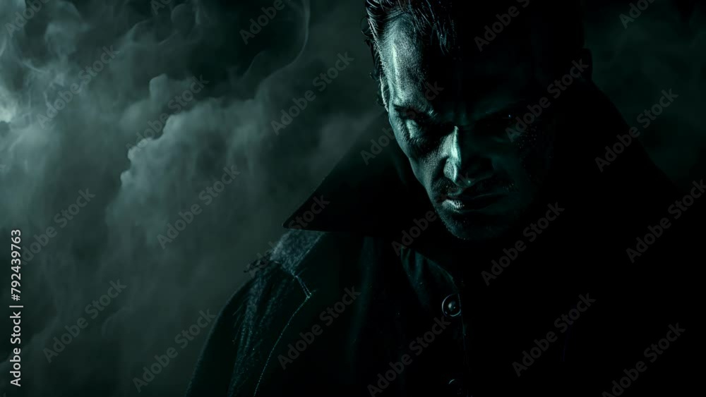 Vidéo Stock A man with a scary face is standing in front of a dark ...