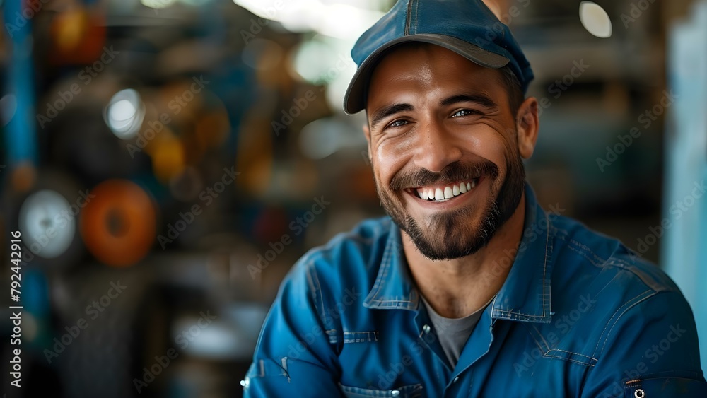 A happy car mechanic in uniform at his repair shop smiling. Concept ...