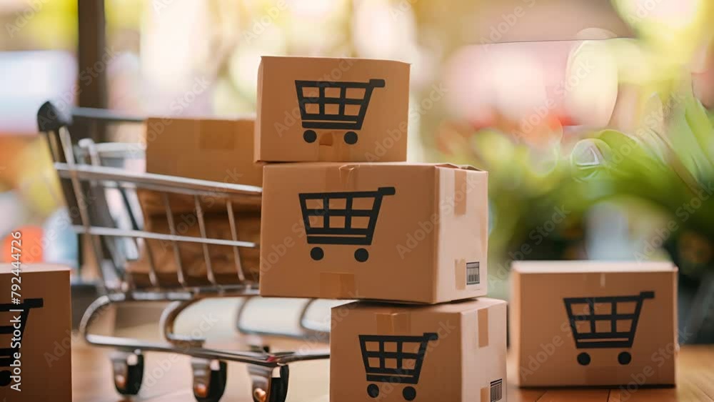 A shopping cart full of boxes with a shopping cart logo on the cart ...