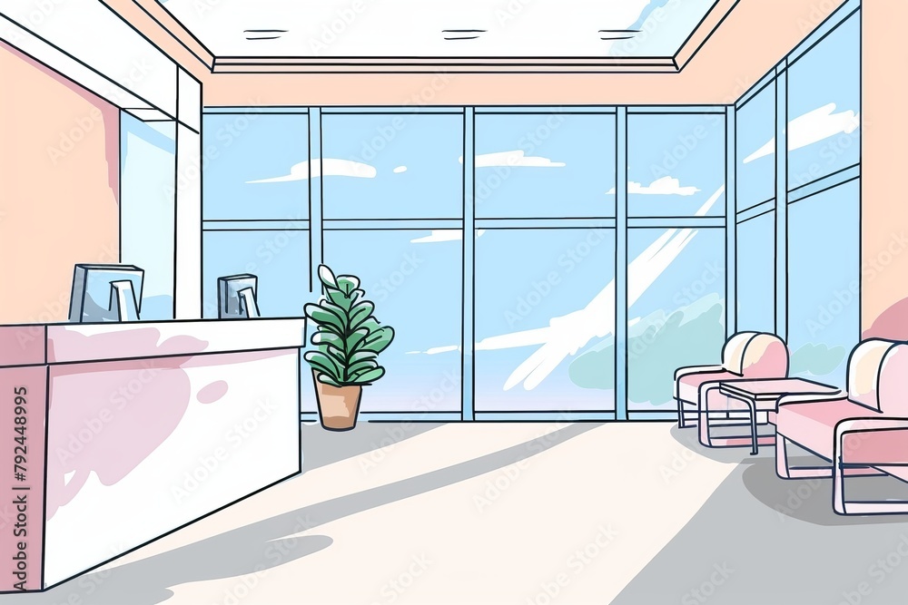 Cartoon cute doodles of an empty lobby with a reception desk, waiting ...
