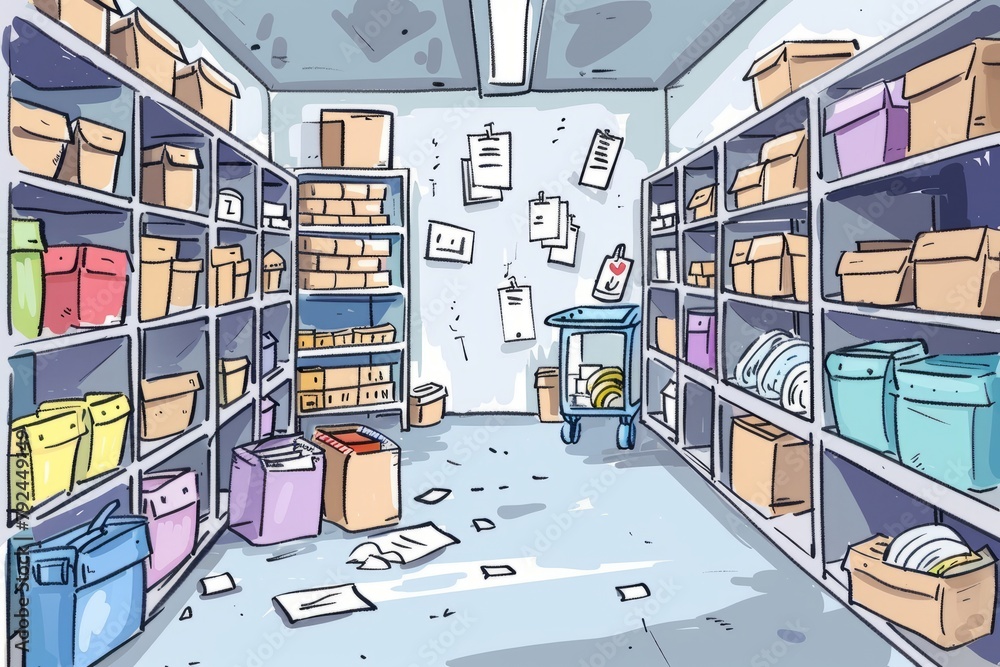 Cartoon cute doodles of an empty mailroom with sorting bins, mail carts ...