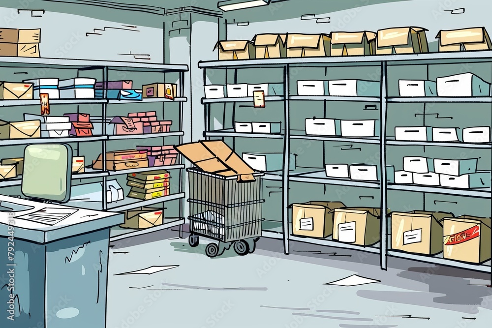 Cartoon cute doodles of an empty mailroom with sorting bins, mail carts ...