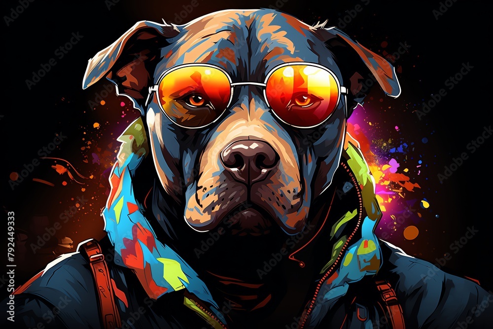 Animated pitbull in hiphop attire, featuring bright, bold colors and ...