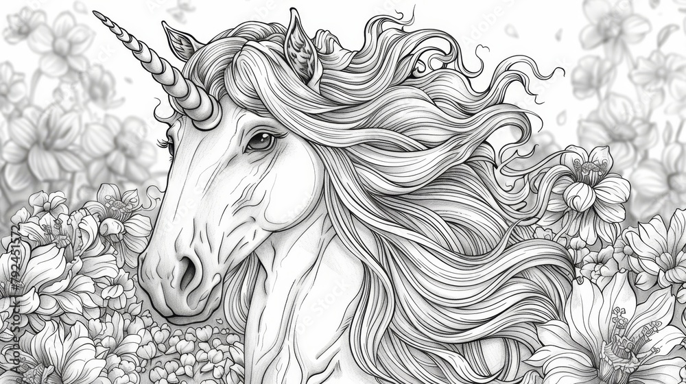 Fantasy Creatures: A coloring book page depicting a graceful unicorn ...