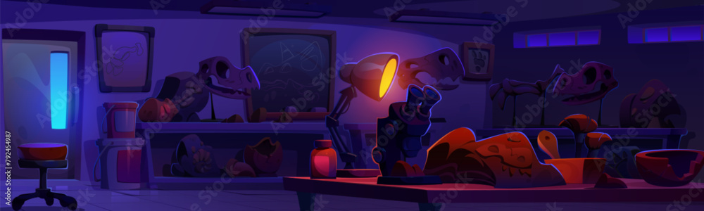 Archaeologist Lab Room And Fossil On Desk At Night Cartoon Background Dinosaur Skull In