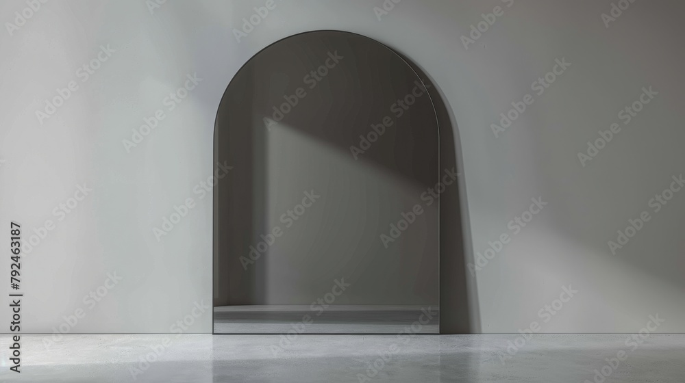 single large arcus mirror, grey background , product placement, copy ...
