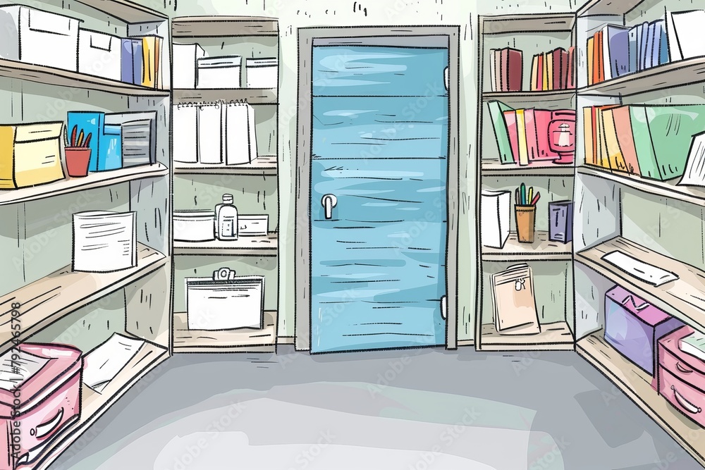Cartoon cute doodles of an empty supply closet with shelves stocked ...