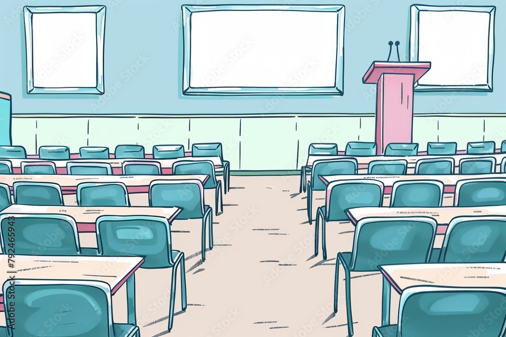 Cartoon cute doodles of an empty training room with rows of chairs and ...