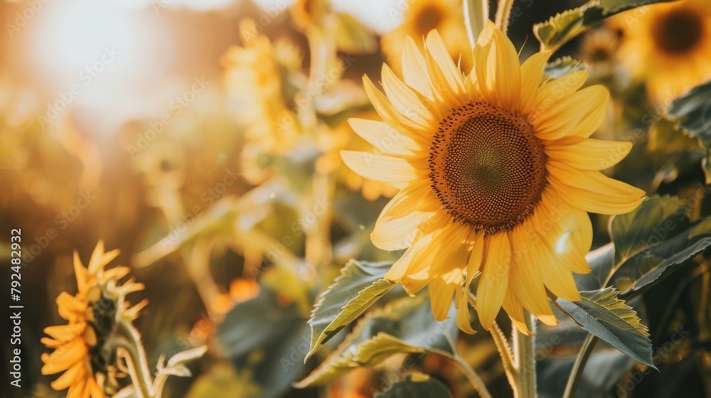 Sunflowers in full bloom, their radiant faces turned towards the sun in ...