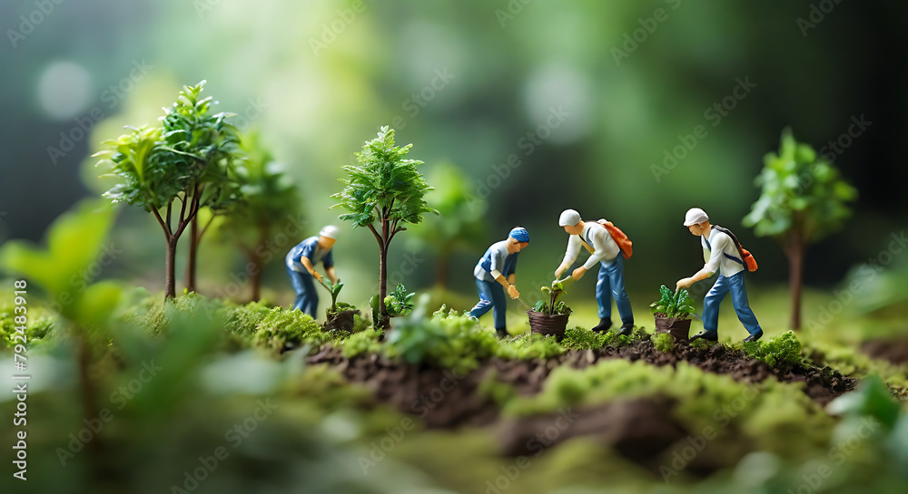 Miniature Plastic model style people planying plants and trees, Eco ...