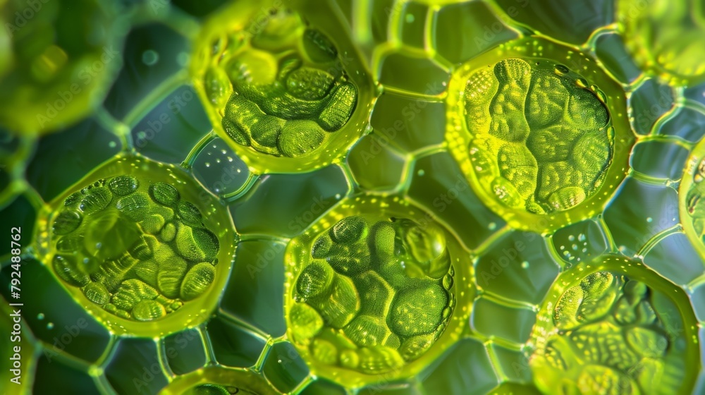 A magnified view of the chloroplasts within an algal cell responsible ...