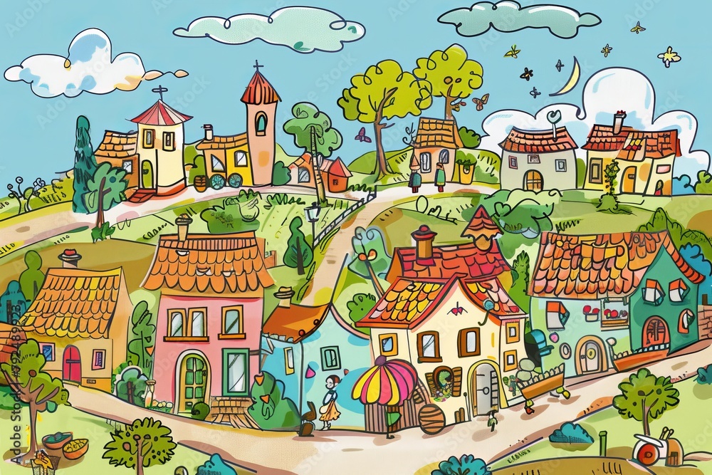 Cartoon cute doodles of a charming rural village with quaint cottages ...