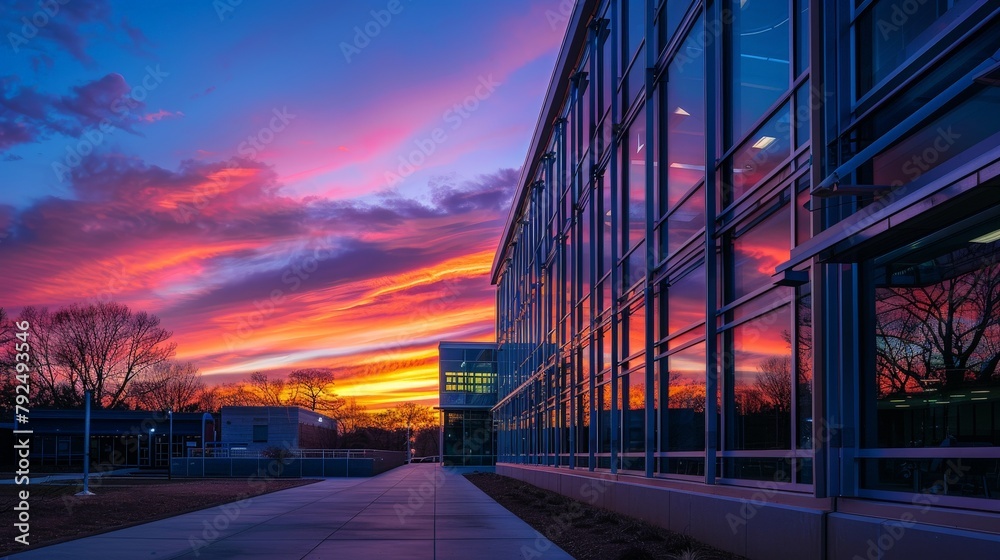 As the sun sets, the business building becomes a canvas for the vibrant ...
