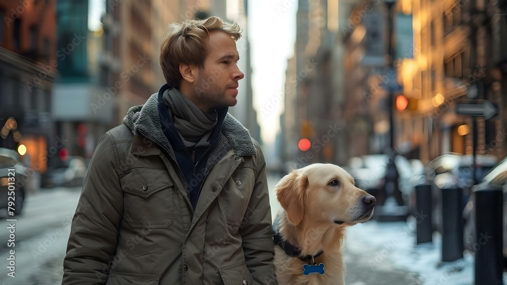 Beloved Pair: Blind Man and Guide Dog Walking Down City Street. Concept ...
