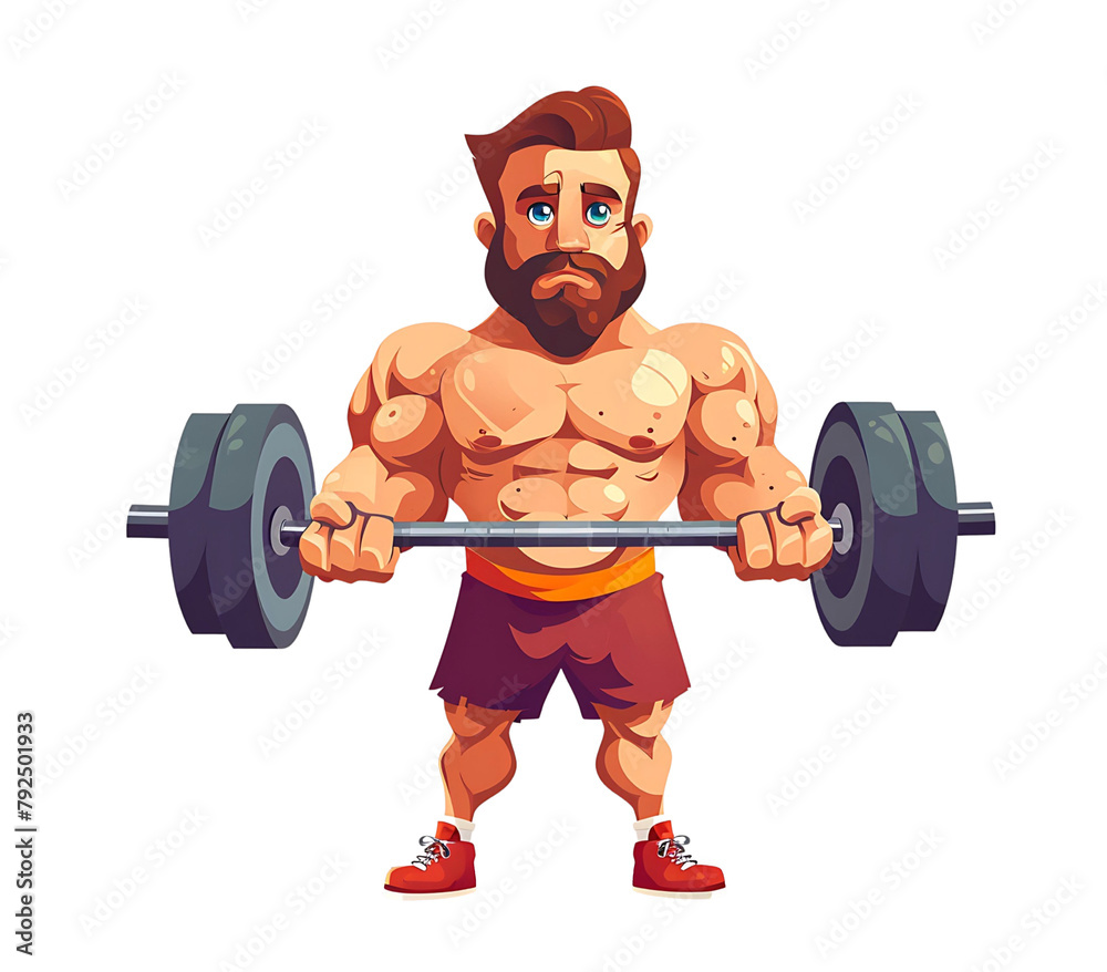 Muscular cartoon man confidently lifts a heavy barbell, showcasing his ...
