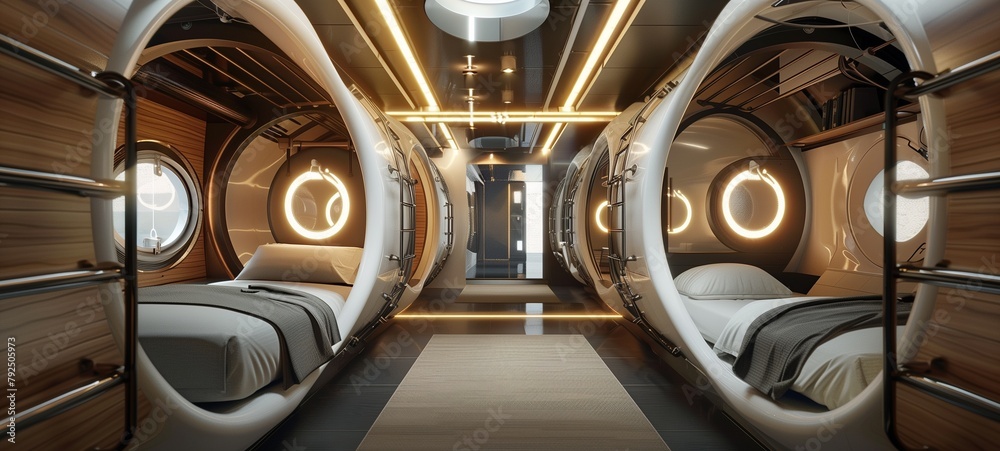 Futuristic capsule hotel. A sleek interior design of a hyperloop ...