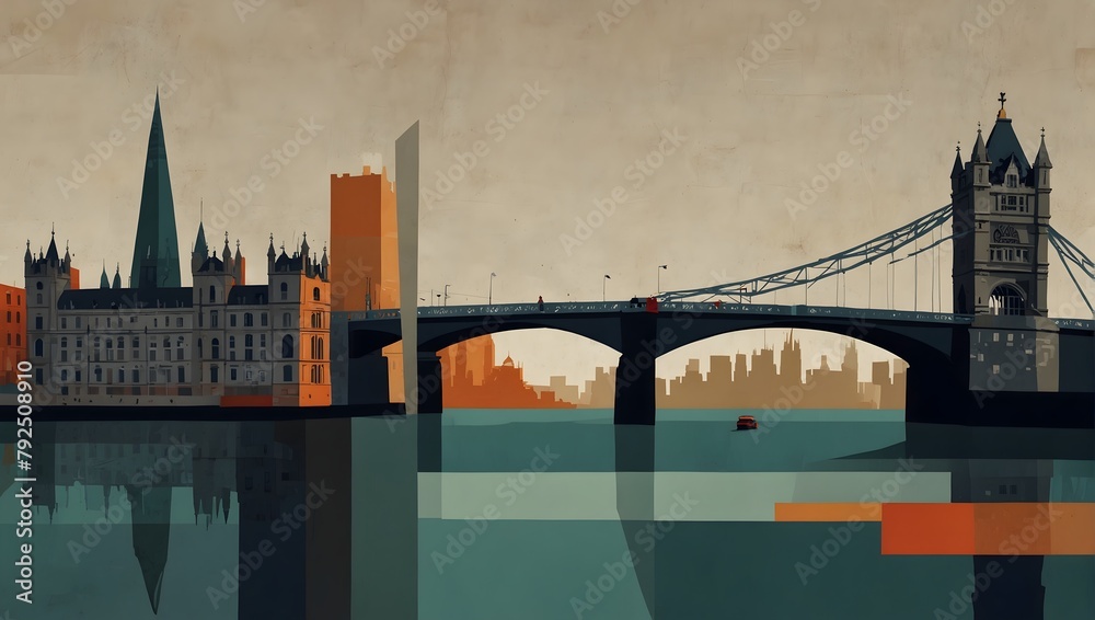 Modern minimalist collage artwork illustrating London Bridge, UK, in a ...