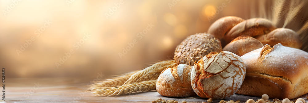 Assorted breads with wheat ears on wooden table, bokeh background, copy ...
