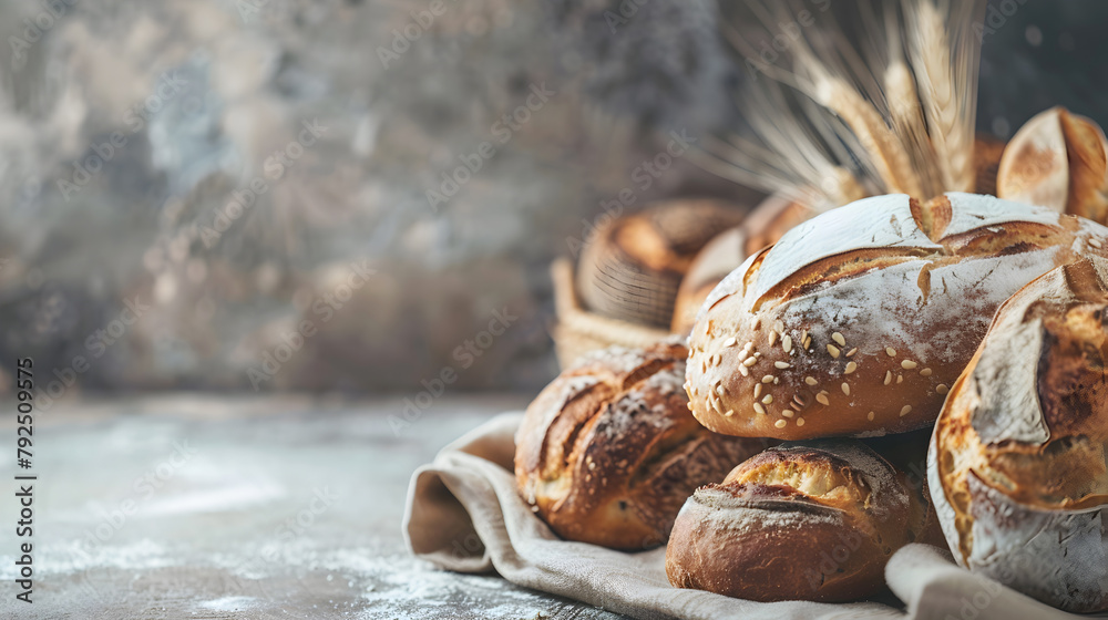 Assorted bread with wheat ears, bakery composition on light grey ...