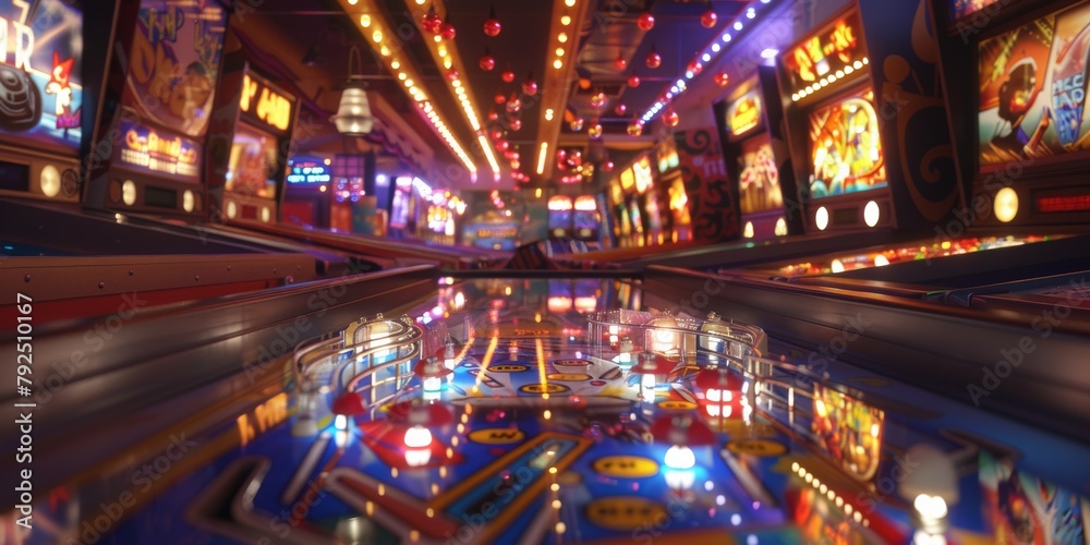 retro arcade pinball machineflashing lights and rows of machines Stock ...