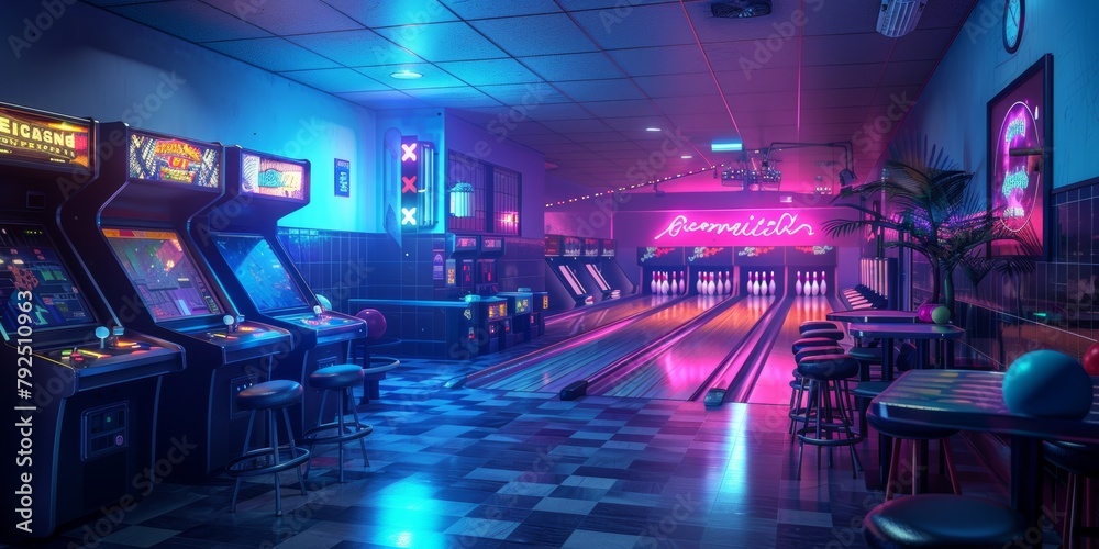 Vintage Arcade Games and Retro Bowling Alley in Nostalgic Atmosphere ...