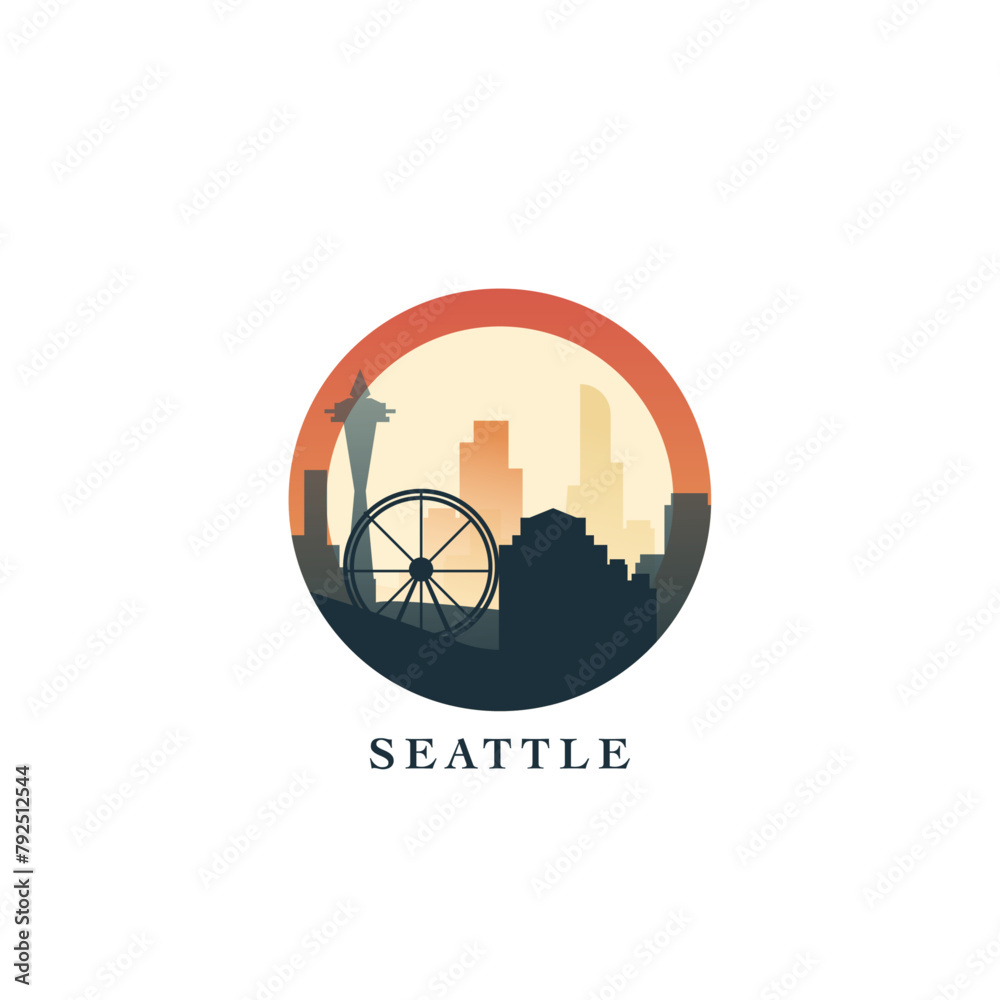 Seattle cityscape, vector gradient badge, flat skyline logo, icon. USA ...