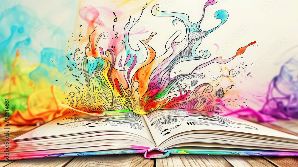 An open book with vibrant, colorful illustrations emerging from its ...