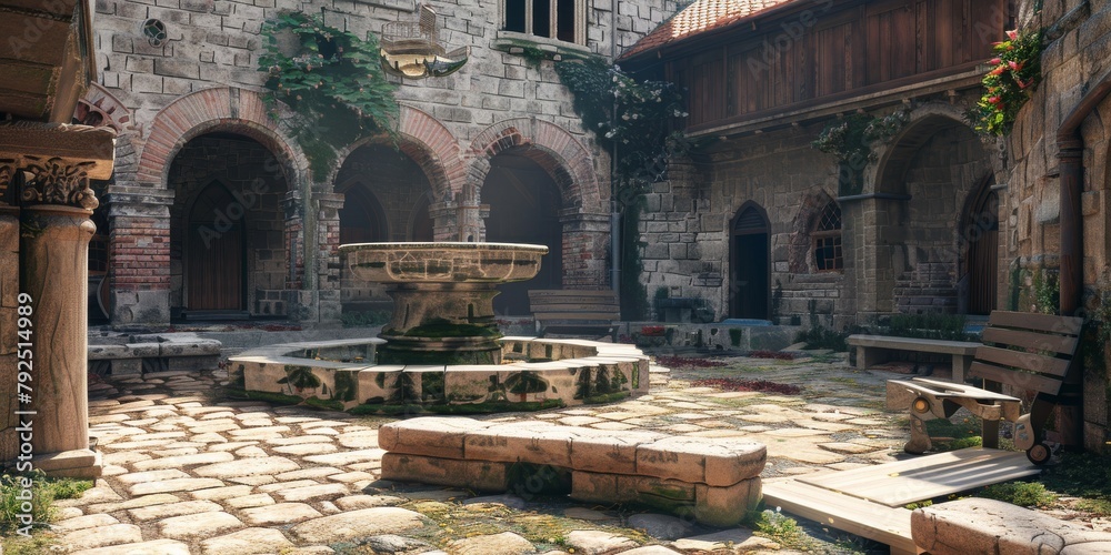 medieval castle courtyard well stone architecture historical ancient ...