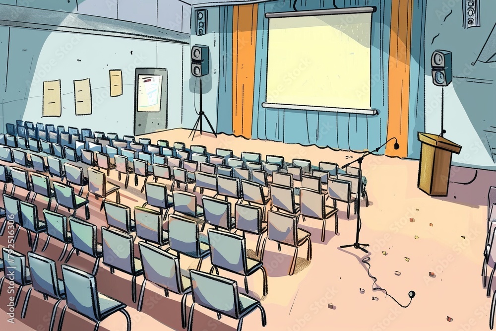 Cartoon cute doodles of a cafeteria during a school assembly with rows ...