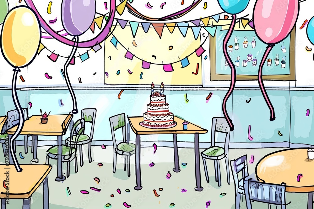 Cartoon cute doodles of a cafeteria during a surprise birthday party ...