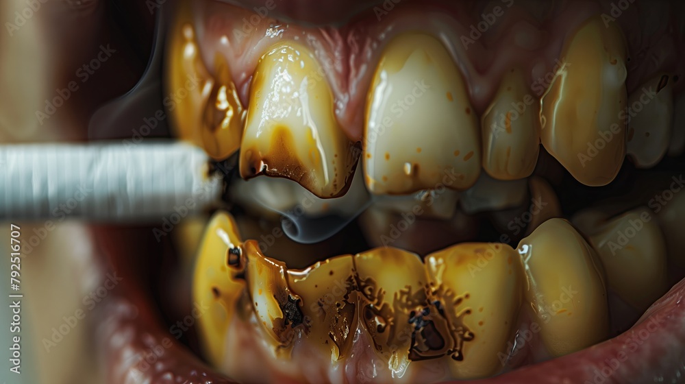 Yellow teeth, rotten from regular smoking. Poor oral health. Stock ...