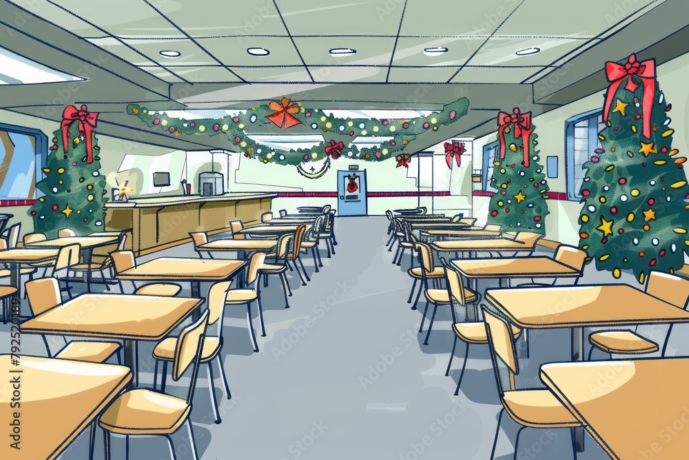 Cartoon cute doodles of an empty cafeteria during a holiday break with ...
