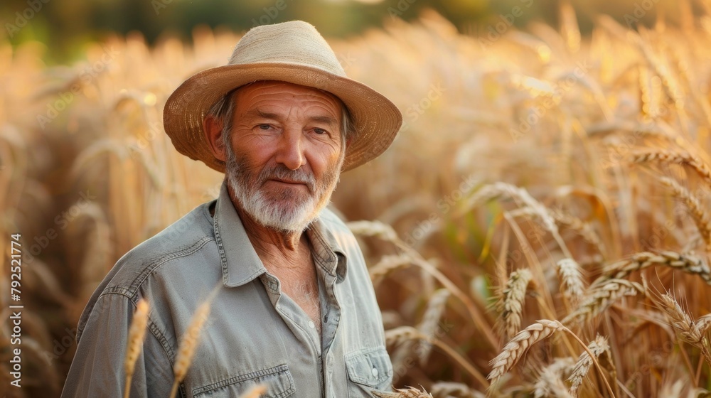 A portrait of a farmer standing amidst tall golden stalks of wheat ...