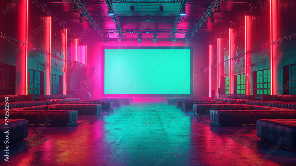 Dynamic club setting with prominent stage and massive green screen ...
