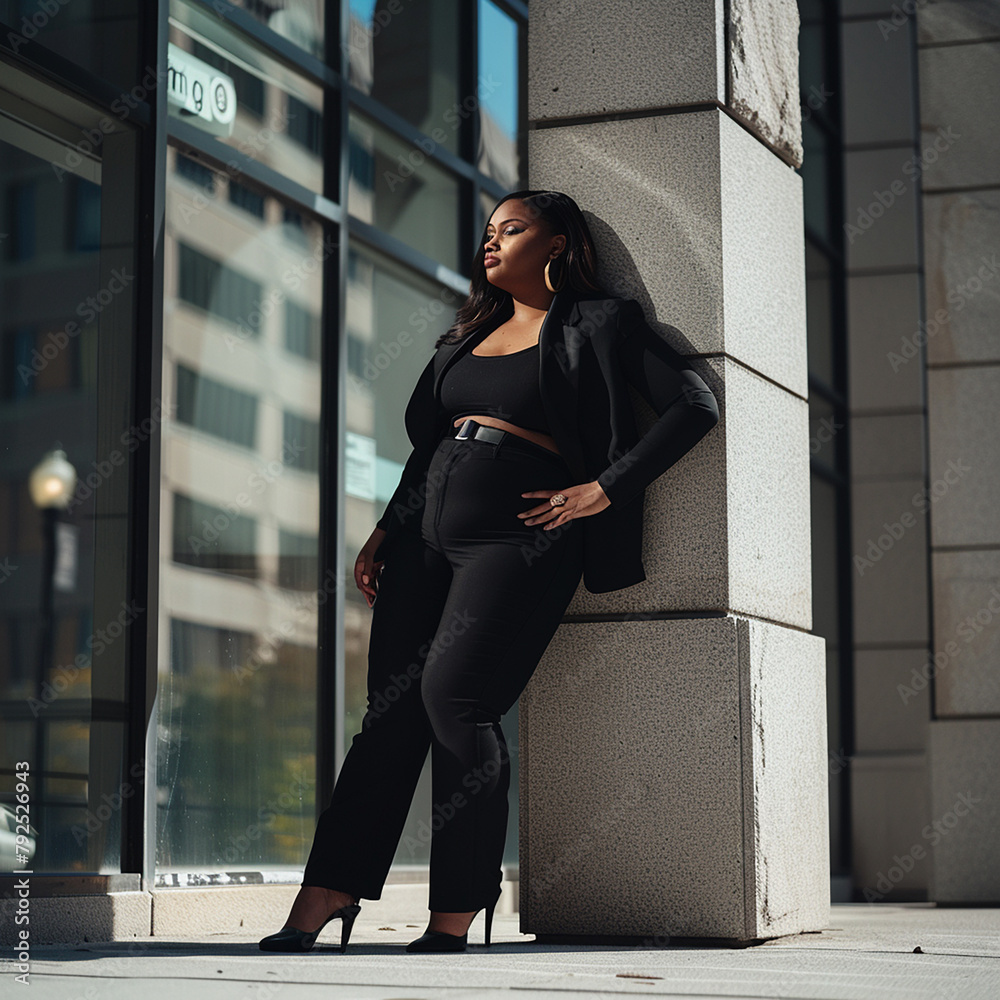 A black plus sized woman wearing a full figured full body outfit with a ...