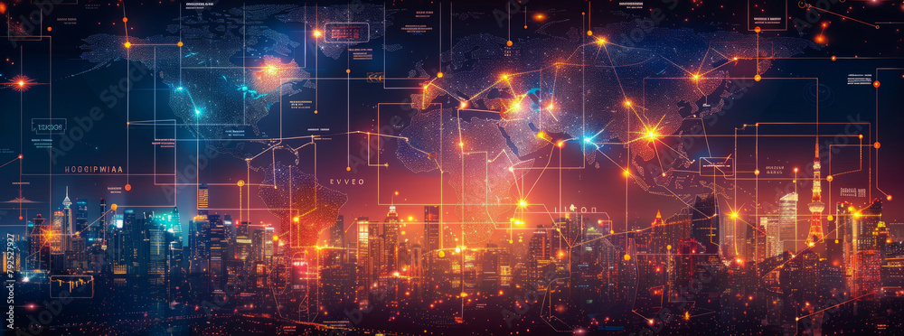 Global Network: Map with connecting lines, screens with landmarks ...