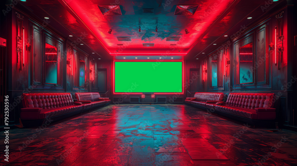 Dynamic club setting with prominent stage and massive green screen ...