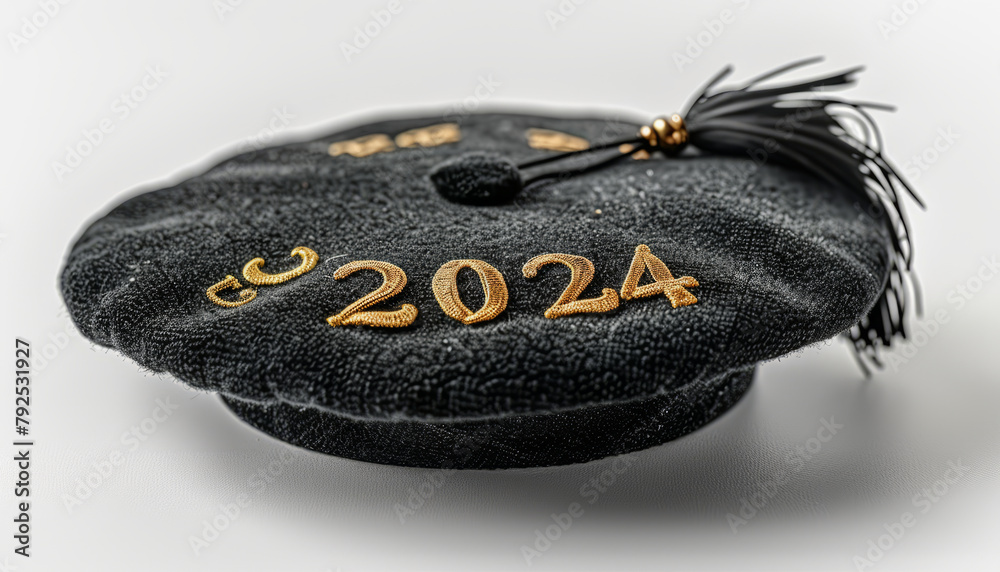 Black graduation hat clipart, with a black tassel that says "2024",gold ...