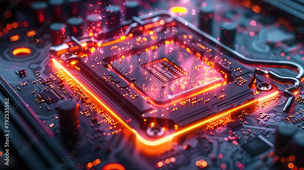 Focus on a thermal heat map of a gaming motherboard under load ...