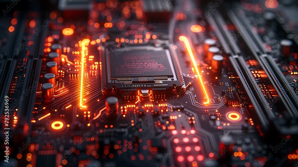 A dynamic view of a motherboard's electronic landscape, where data flow ...