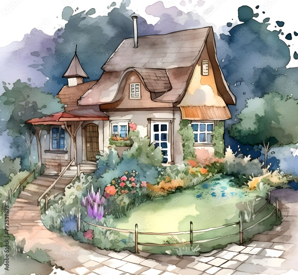 Magical house with a garden in the middle of the forest. Watercolor ...
