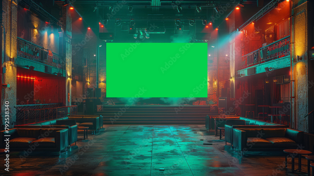 Dynamic club setting with prominent stage and massive green screen ...