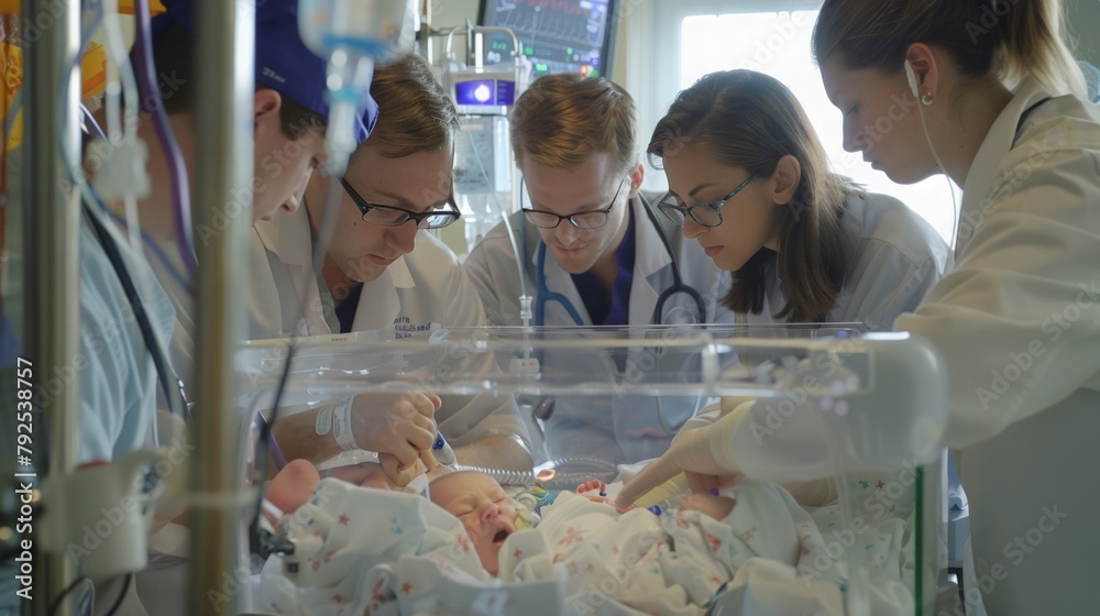 A team of doctors and nurses huddle around a premature baby in an ...