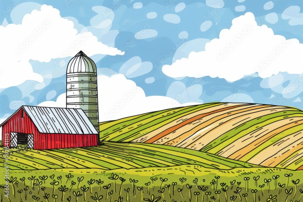Cartoon cute doodles of a farmstead with a red barn, silo, and rows of ...