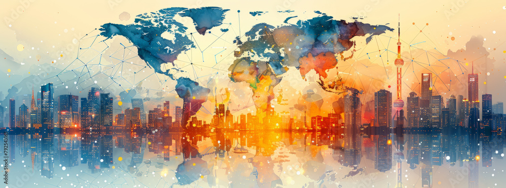 Global Network: Map with connecting lines, screens with landmarks ...