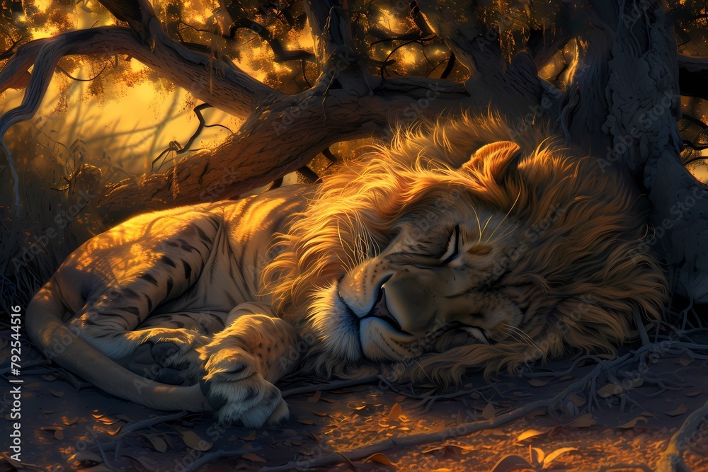 cartoon illustration, a lion sleeping under a tree Stock Illustration ...