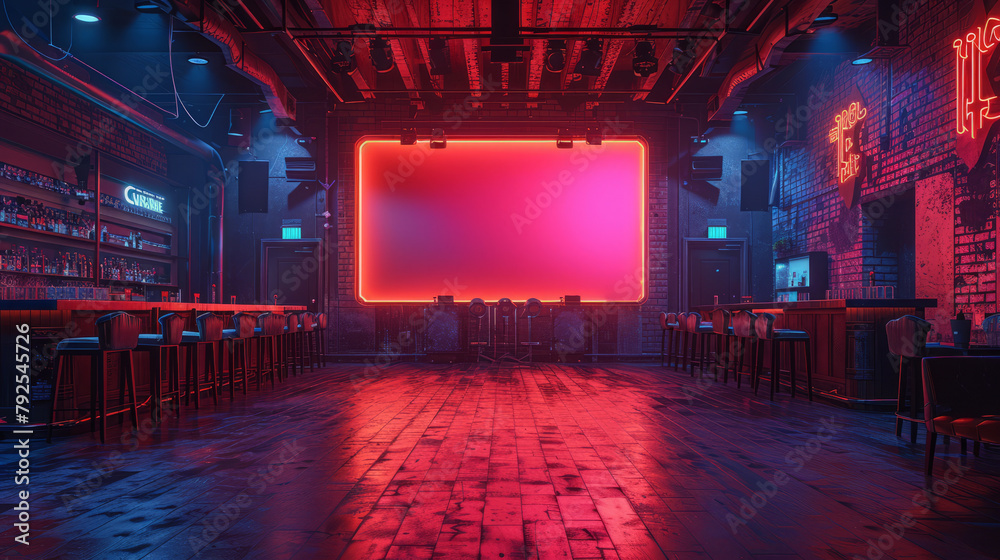 Dynamic club setting with prominent stage and massive green screen ...